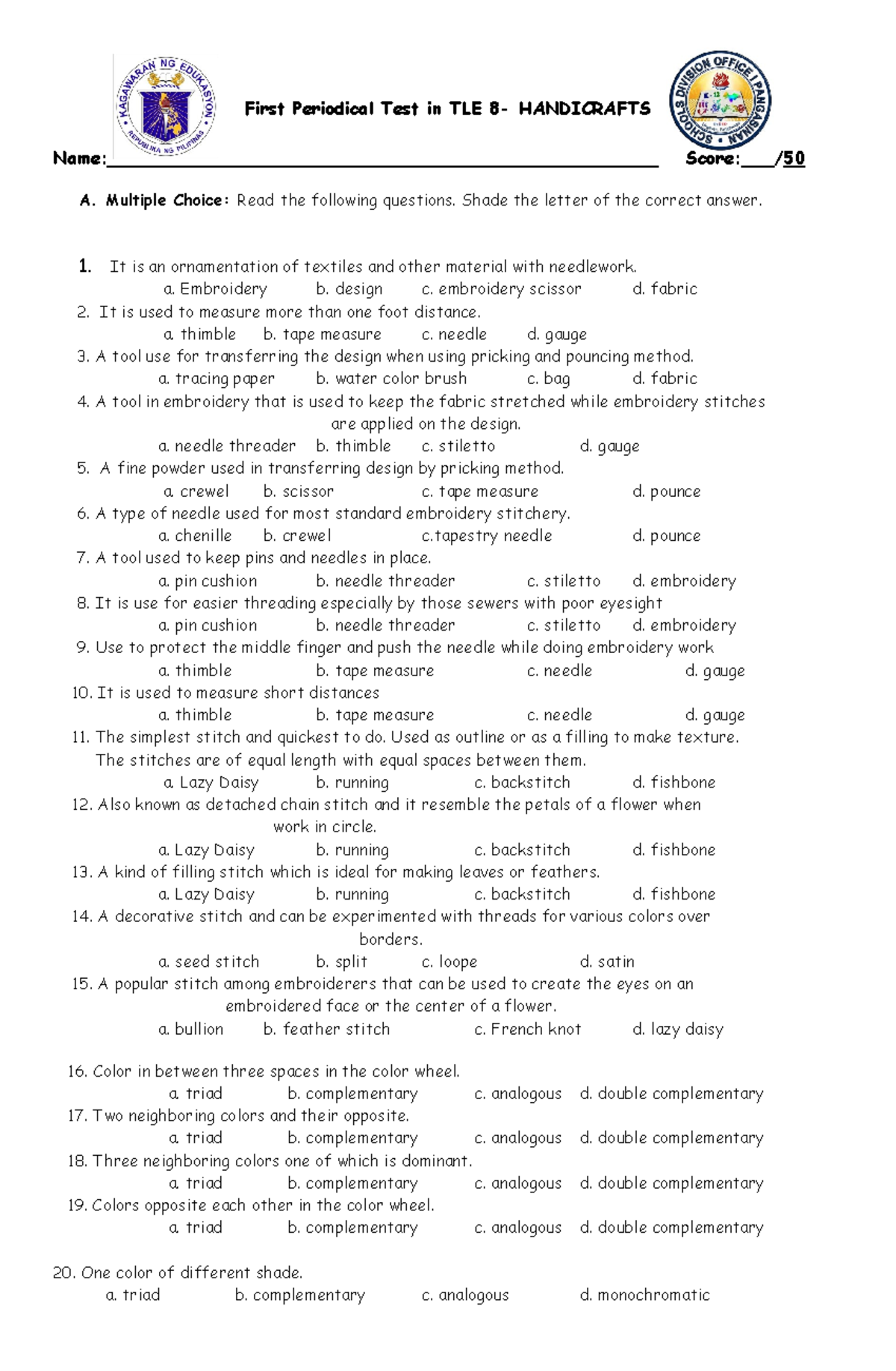 TLE 8 Final Periodical Test in Handicrafts: Questions & Answers - Studocu