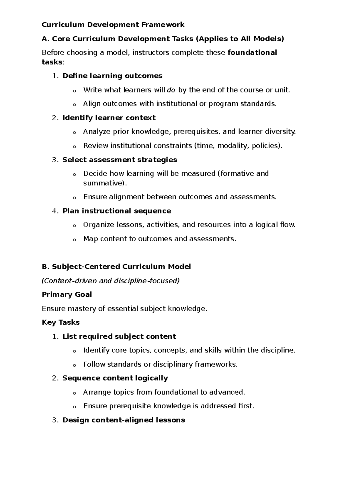 Curriculum Development Framework: Key Tasks & Models Overview - Studocu