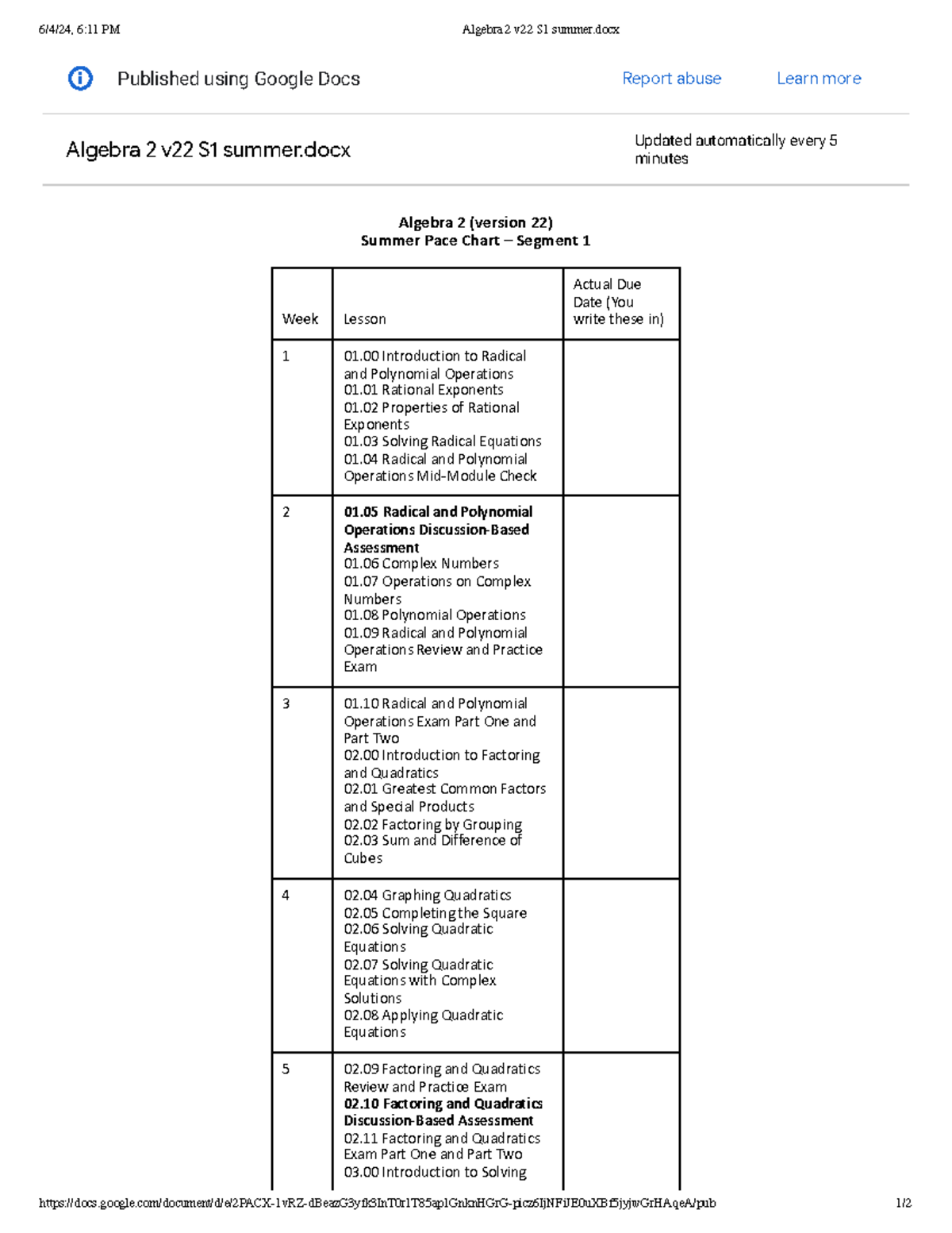 Algebra 2 v22 S1 Summer Pace Chart & Lesson Overview - Studocu