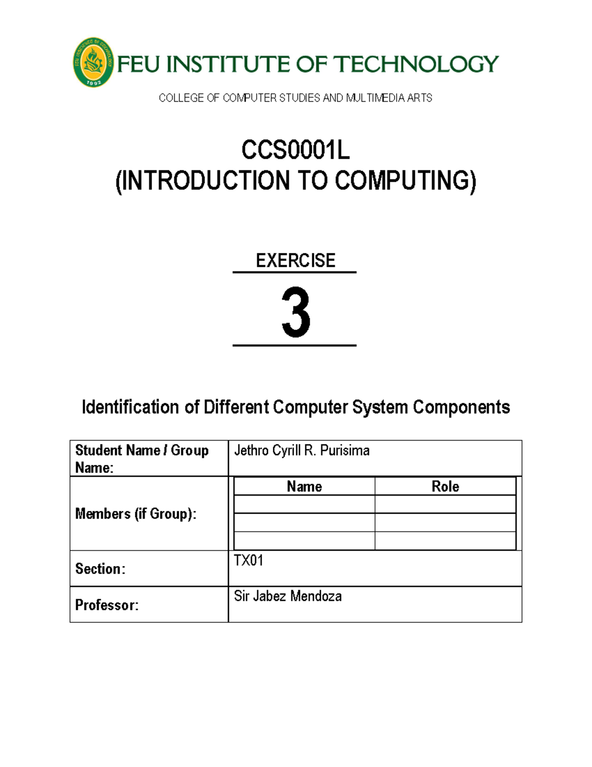 CCS0001L - Exercise 3: Identifying Computer System Components - Studocu
