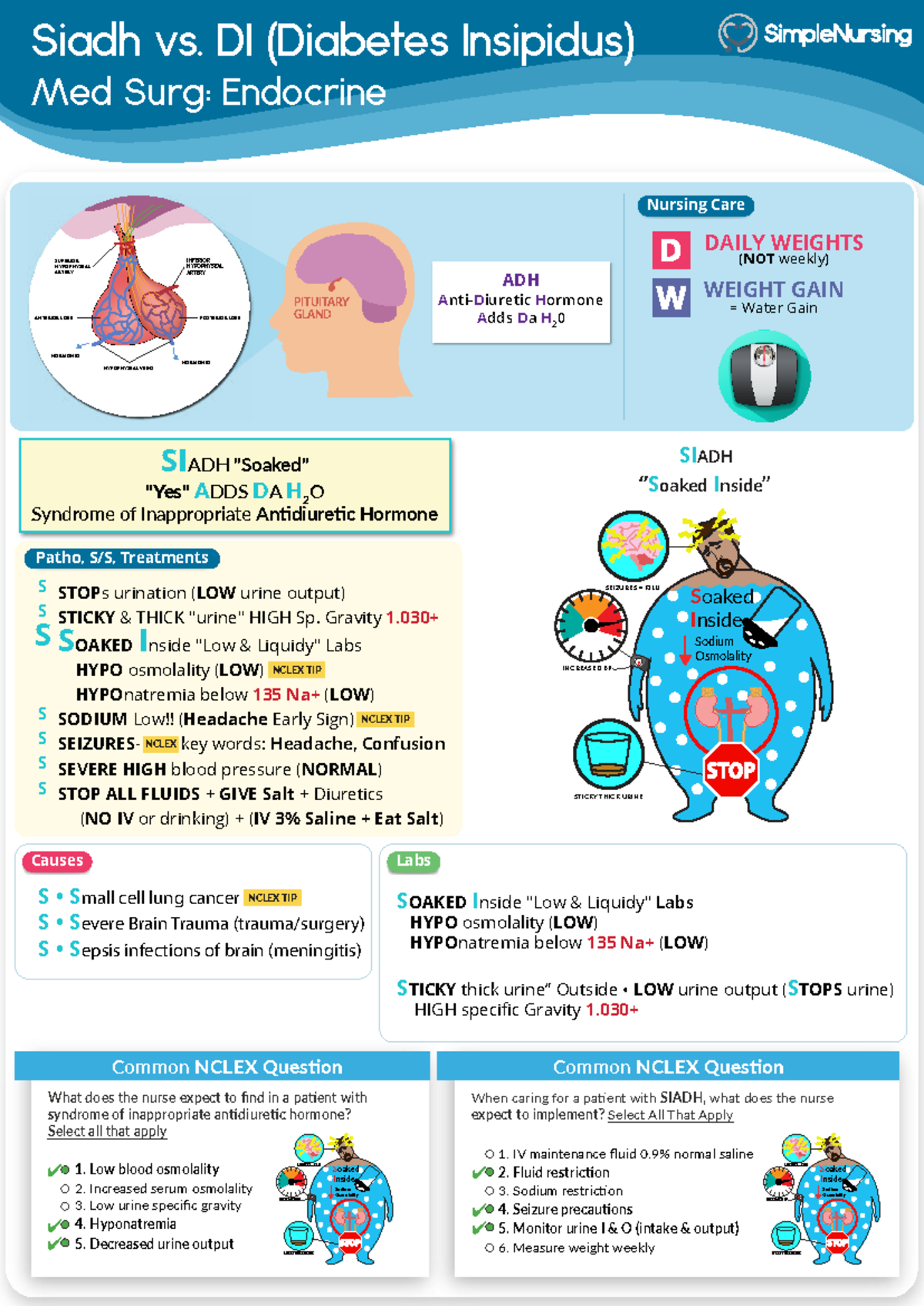 SIADH vs. DI Med Surg: Endocrine Nursing Care Notes - Studocu