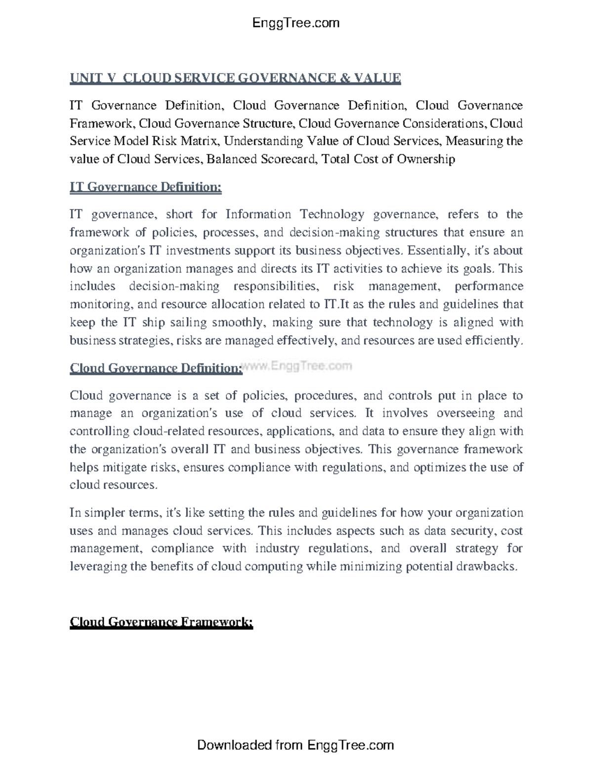 UNIT V Cloud Service Governance: Frameworks, Benefits, & Risk Matrix ...