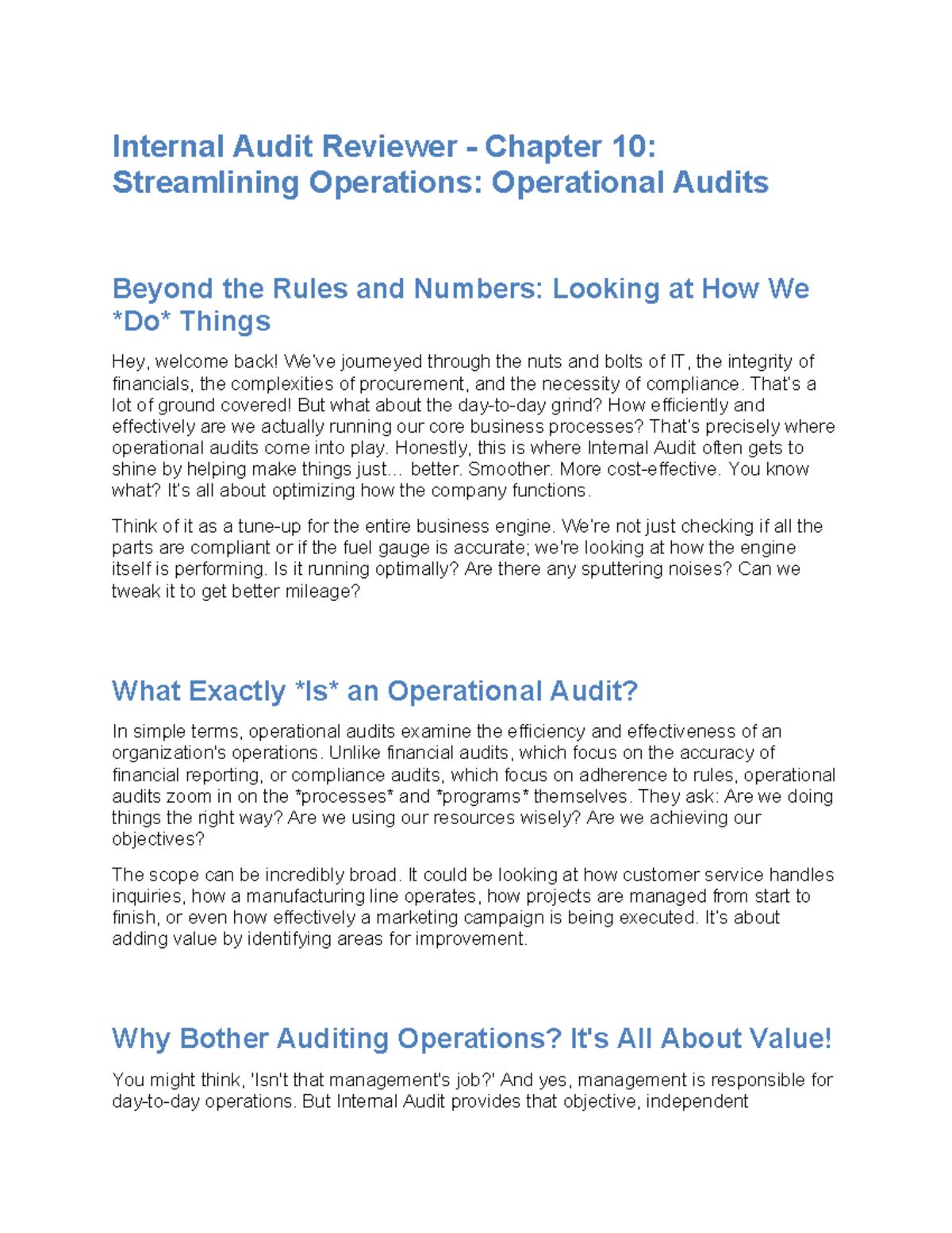 Internal Audit Essentials: Chapter 10 - Streamlining Operations - Studocu
