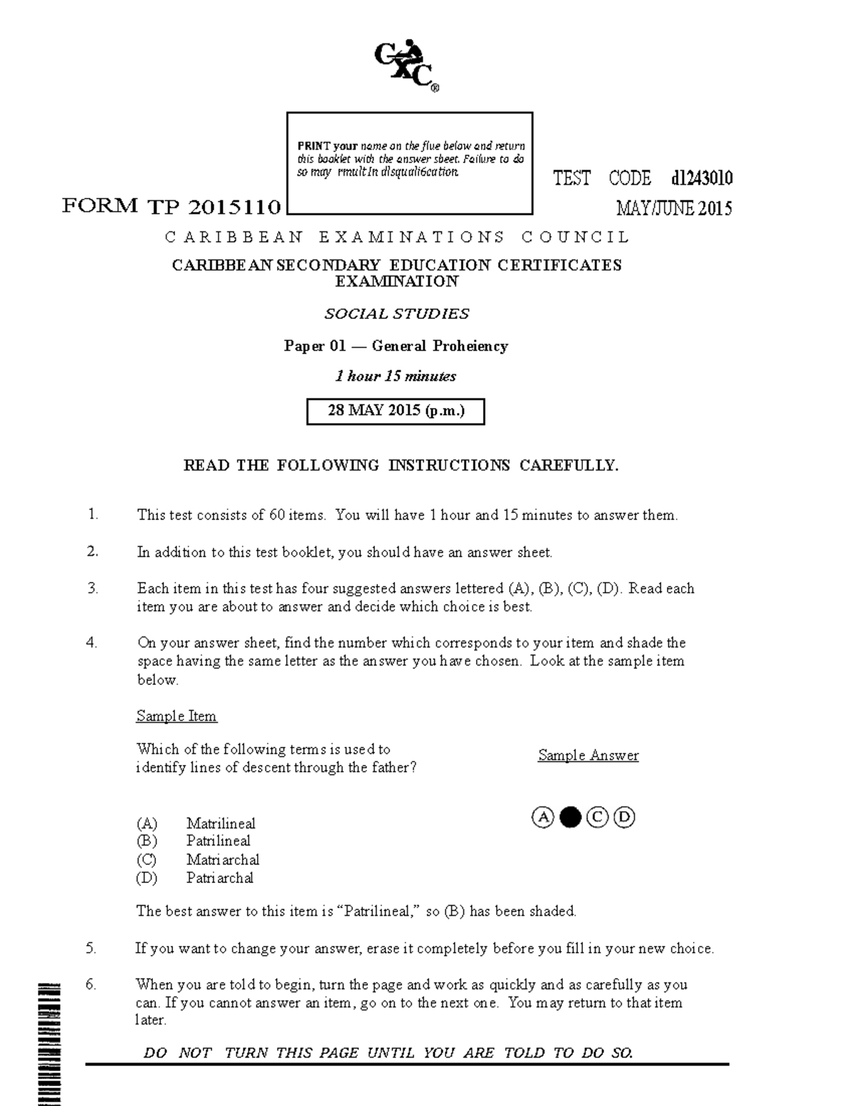 CSEC Social Studies May/June 2015 Examination Paper 01 Guide - Studocu
