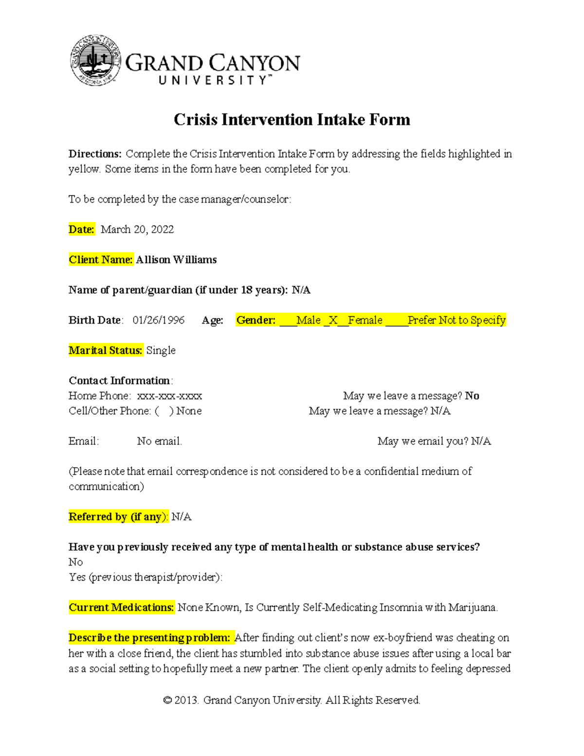 PCN255 Crisis Intervention Intake Form for Client Assessment - Studocu