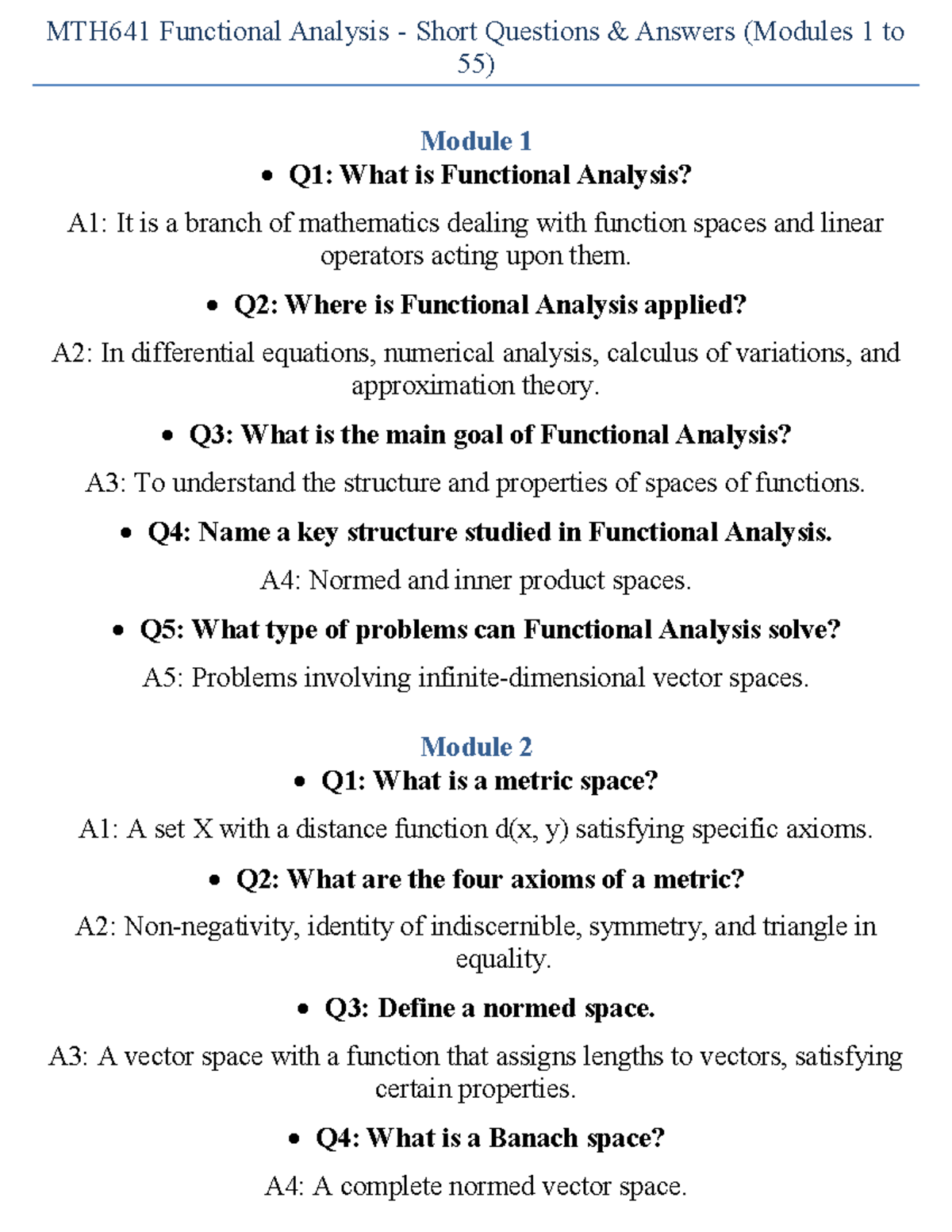 MTH641 Functional Analysis Short Questions & Answers (Modules 1-10 ...