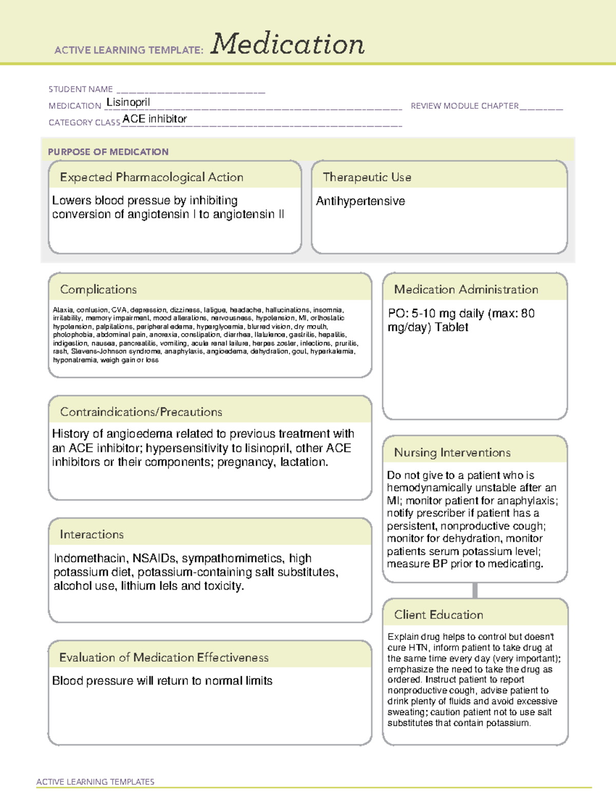 Lisinopril Medication Card - Active Learning Template - Studocu