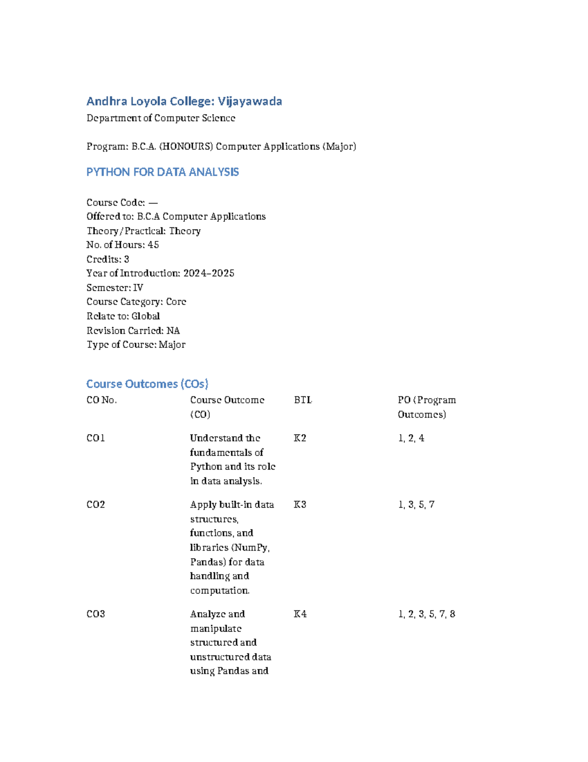 Python for Data Analysis Course Outcomes - B.C.A. (HONOURS) - Studocu