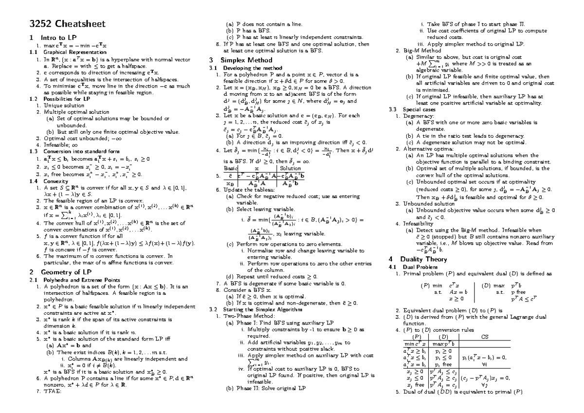 MA3252 Cheatsheet: Intro to Linear Programming Concepts - Studocu