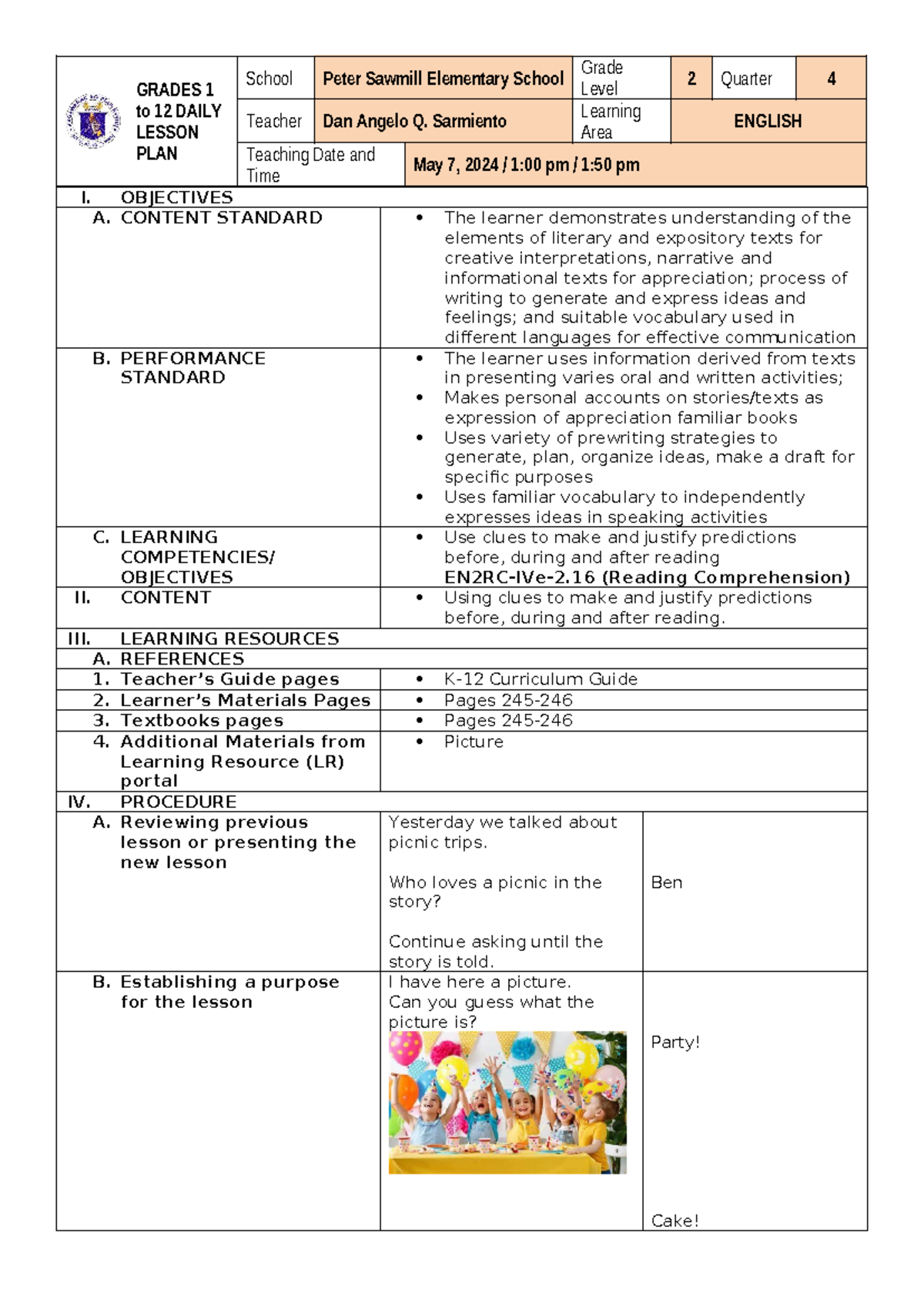 ENG W5 D2 - Detailed Lesson Plan for Grade 2 English - Studocu