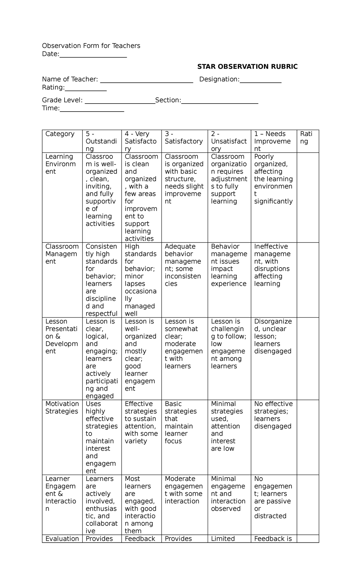 STAR Observation FORM 1 - Observation Form for Teachers Date ...