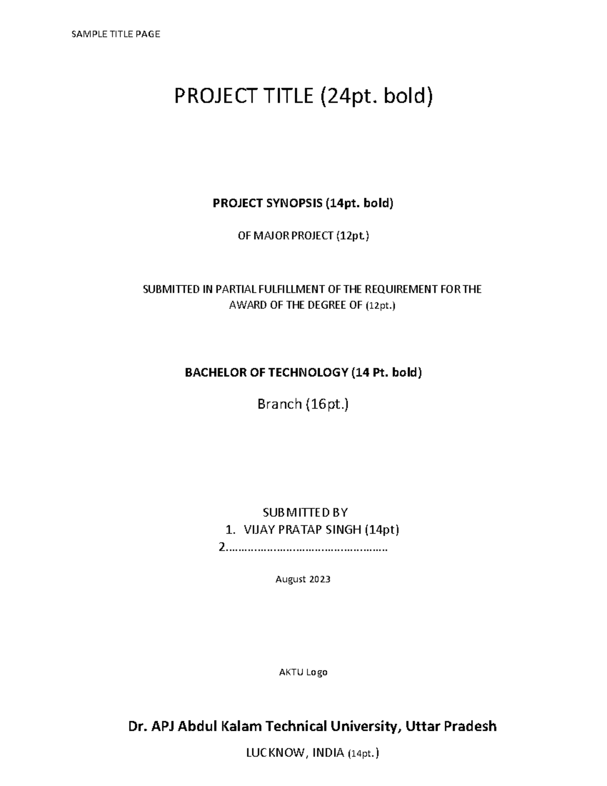 Synopsis Format for Major Project Submission - B.Tech - Studocu