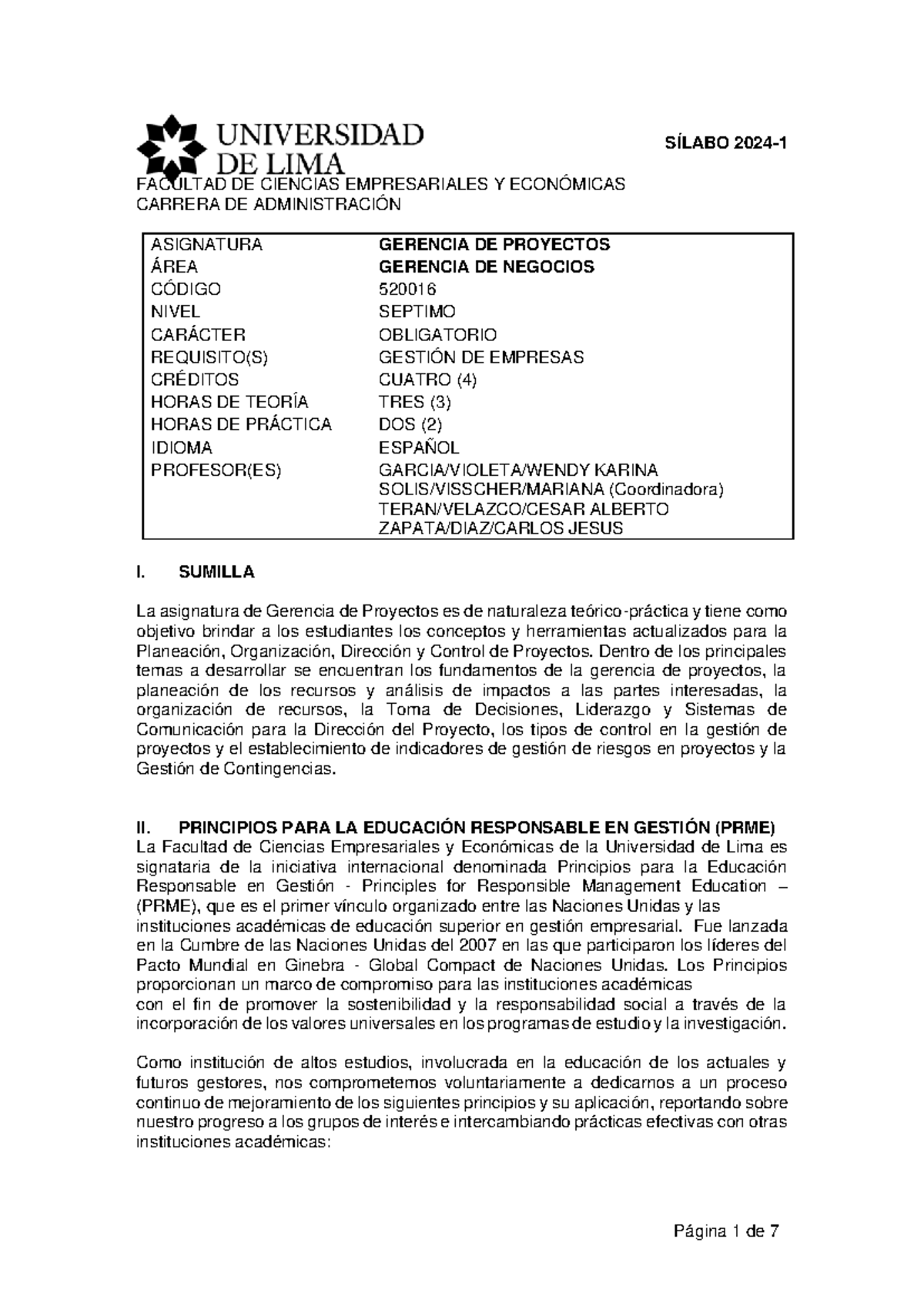 Sílabo Gerencia de Proyectos 520016 - Ciclo 2024-1 - Studocu