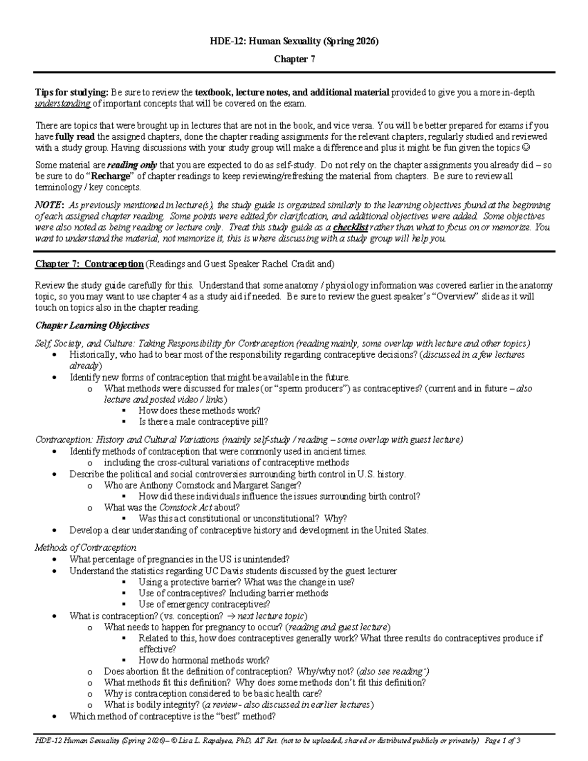 HDE-12 Chapter 7 Study Guide: Contraception - Studocu