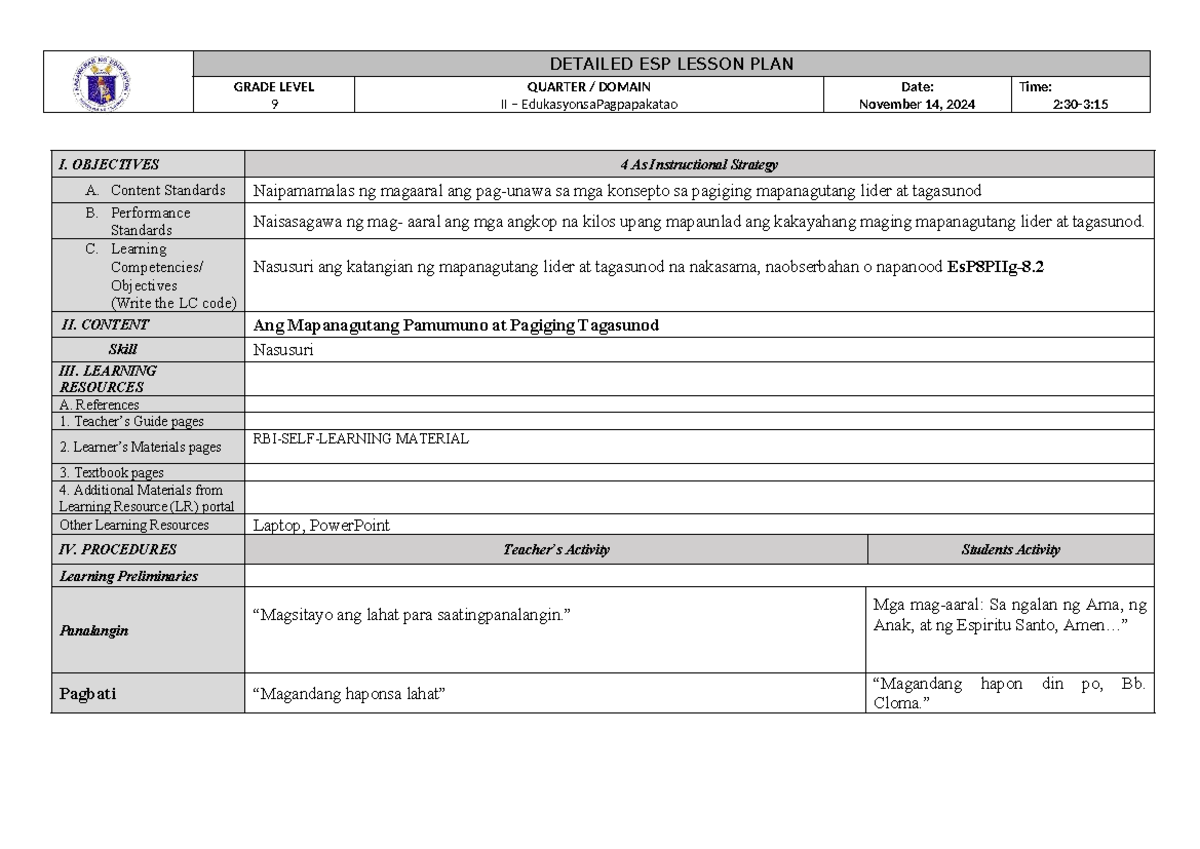 DETAILED ESP LESSON PLAN GRADE 9 QUARTER II EdukasyonsaPagpapakatao ...