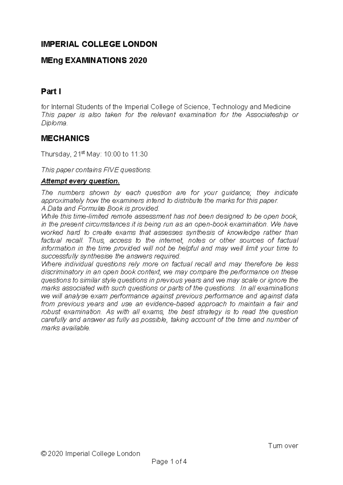ME1 Mechanics Final Exam Paper - 20 20 Imperial College - Studocu