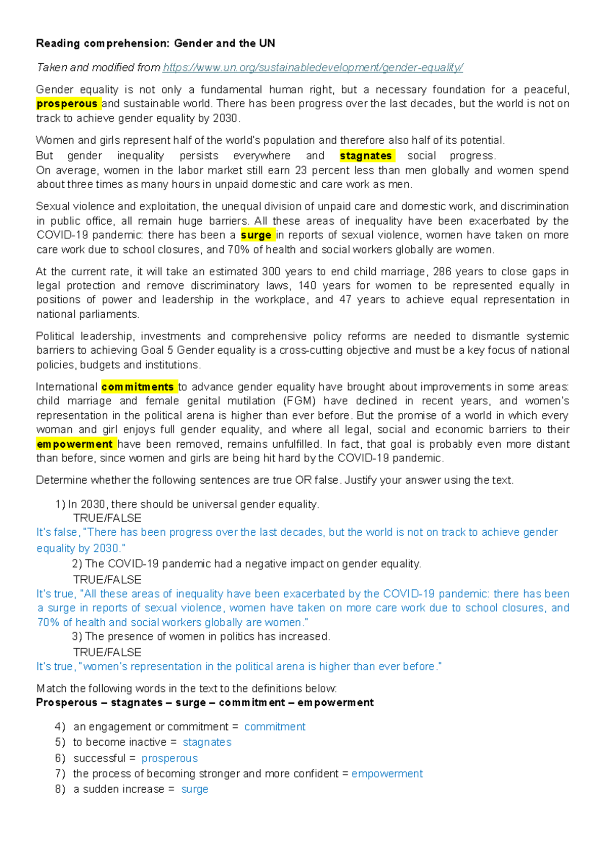 UN Gender Reading Comprehension: Gender Equality and the UN - Studocu