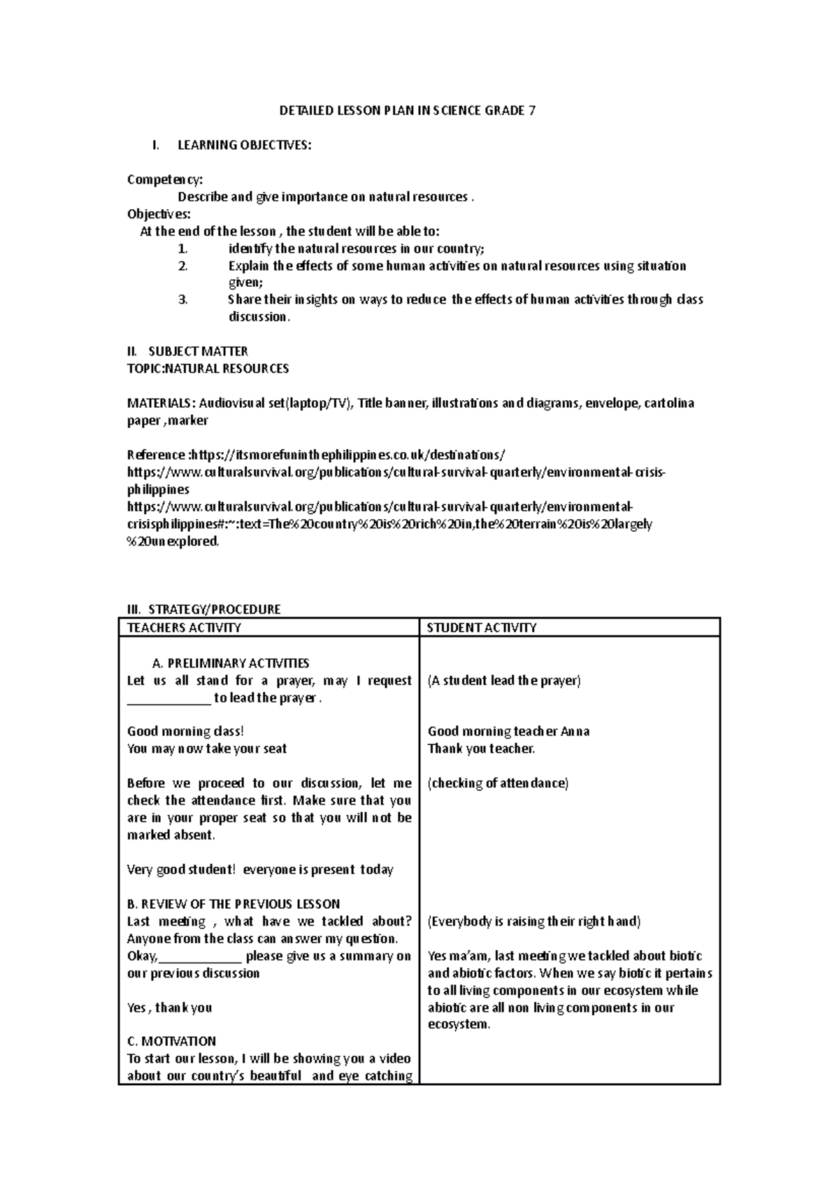 Detailed Lesson Plan: Natural Resources in Science Grade 7 - Studocu