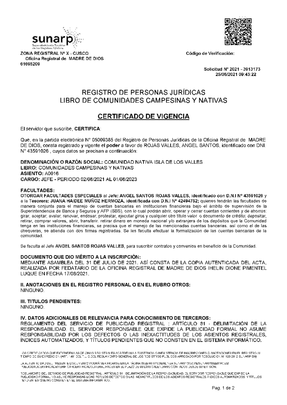 CNIV Certificado de Vigencia de Poder - Comunidad Nativa Isla de los ...
