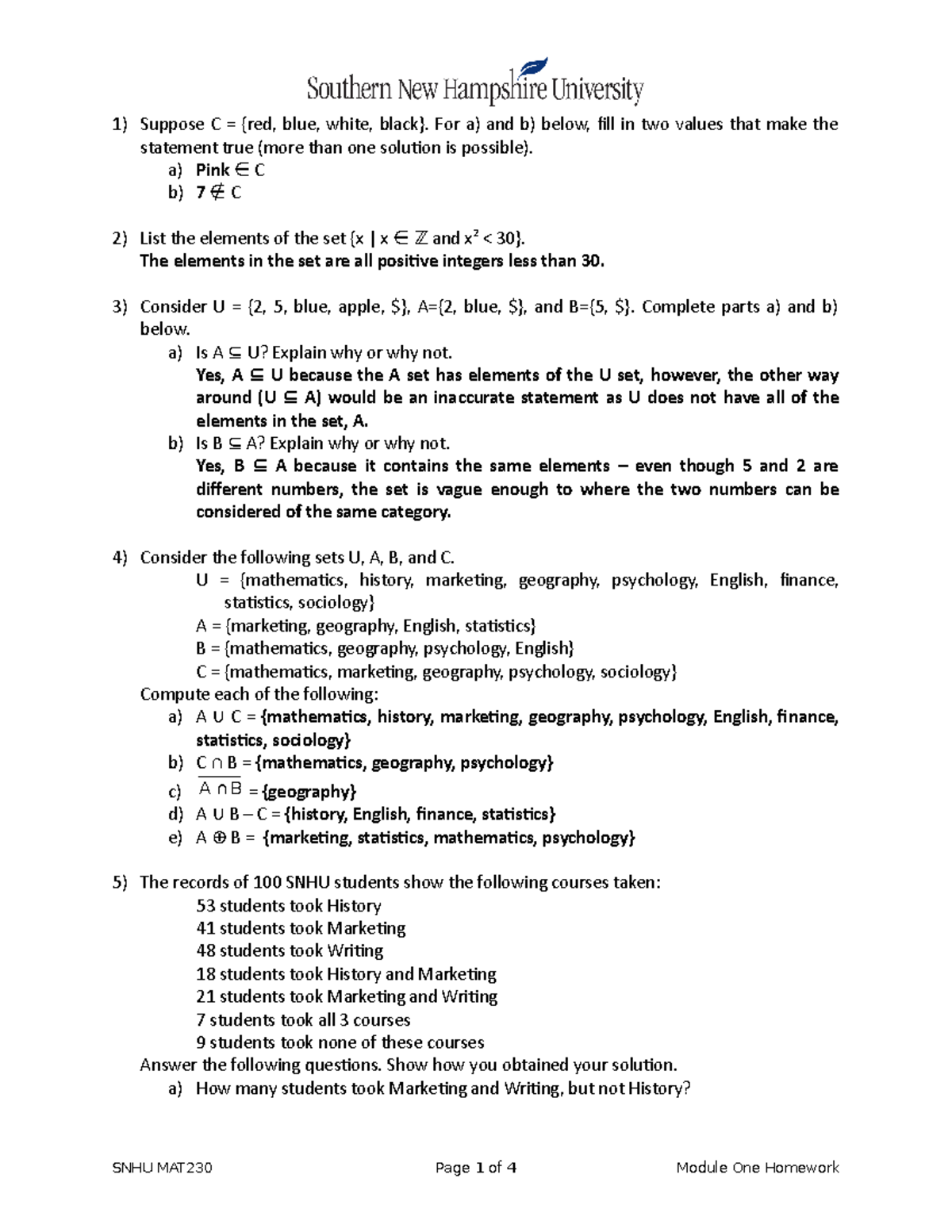 MAT 230 Module One Homework - Suppose C = {red, blue, white, black ...
