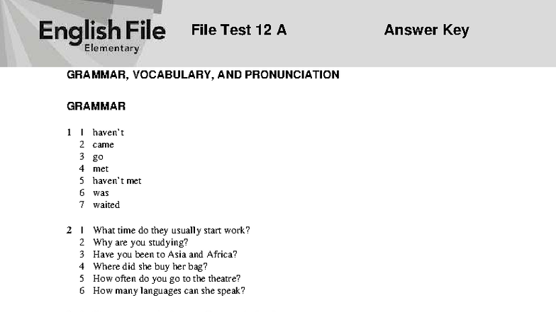 EF4e Elementary File Test 12A Answer Key: Grammar & Vocabulary - Studocu