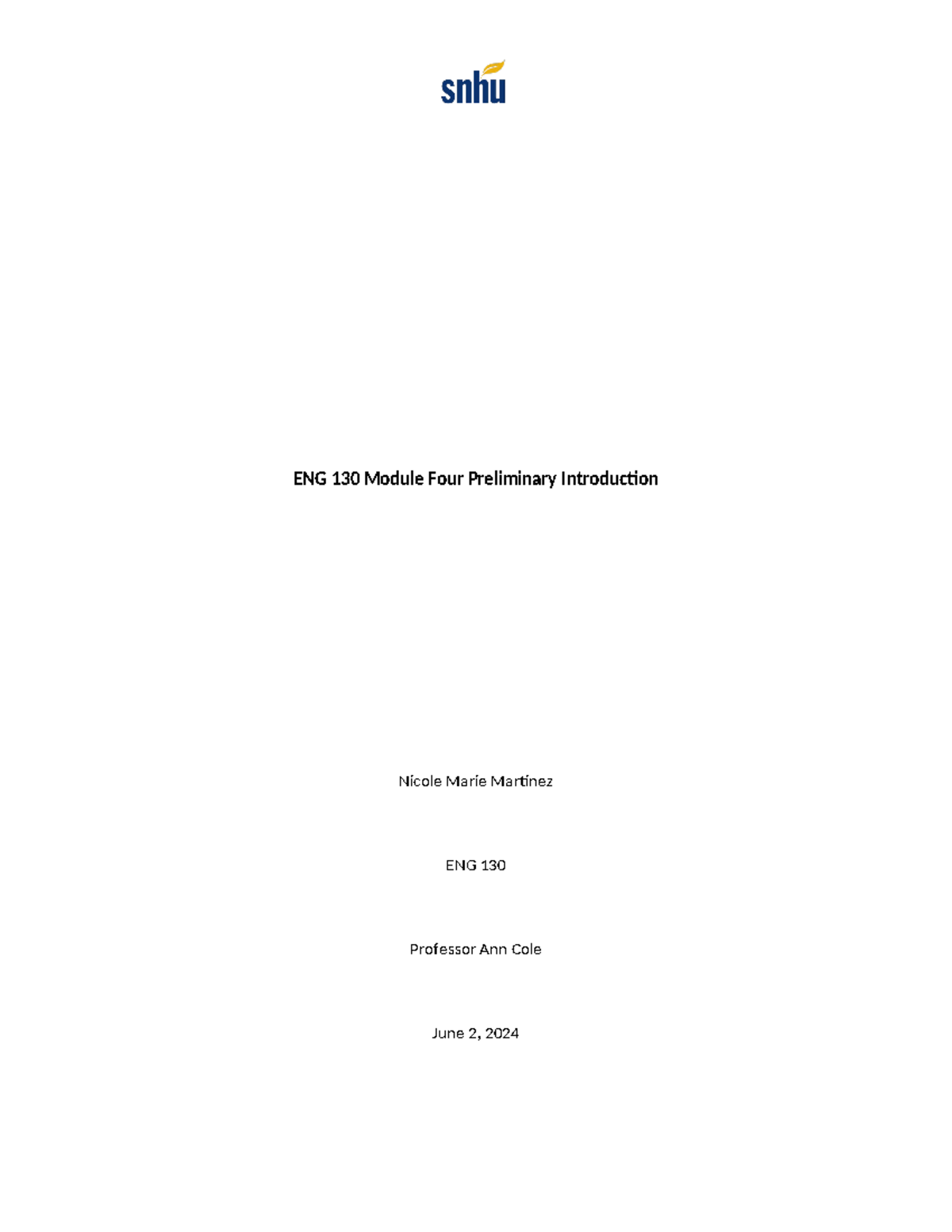 ENG 130 Module Four Preliminary Introduction - ENG 130 Module Four ...