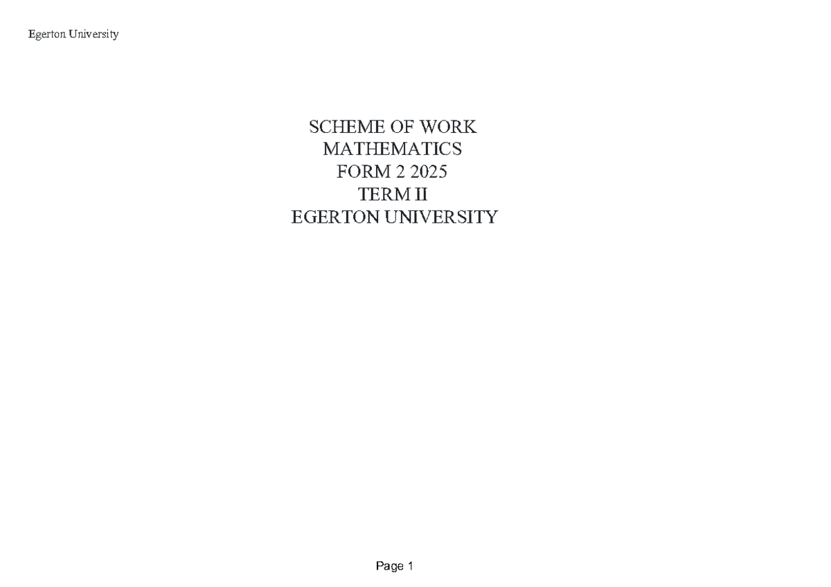 Egerton University Mathematics Form 2 Scheme of Work Term II 2025 - Studocu