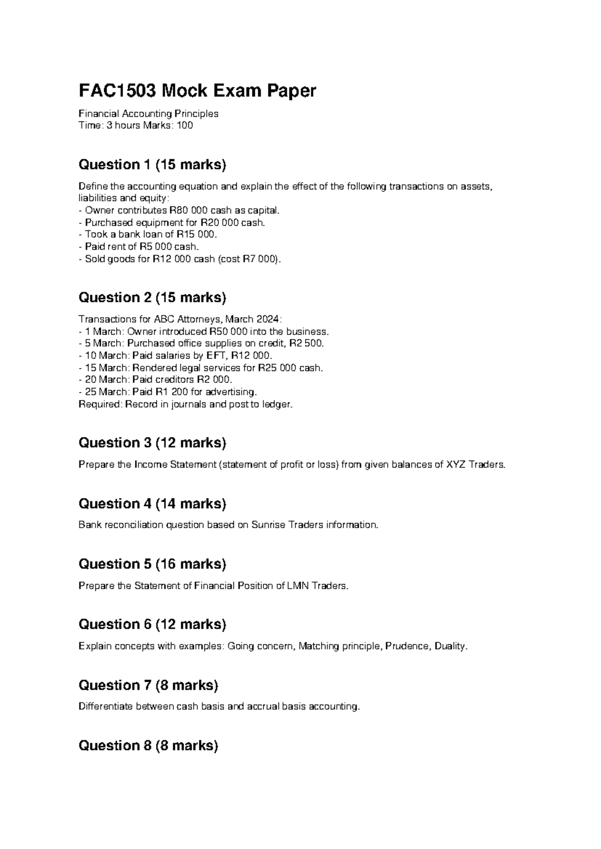 FAC1503 Mock Exam - Financial Accounting Principles Review - Studocu