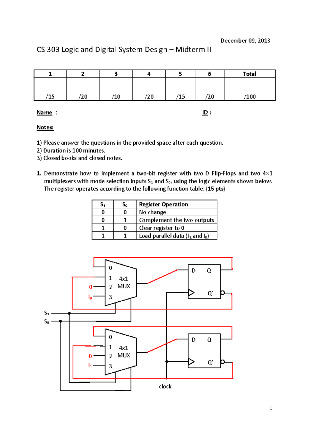 CS 303 Logic & Digital System Design - Midterm II Sample Questions ...