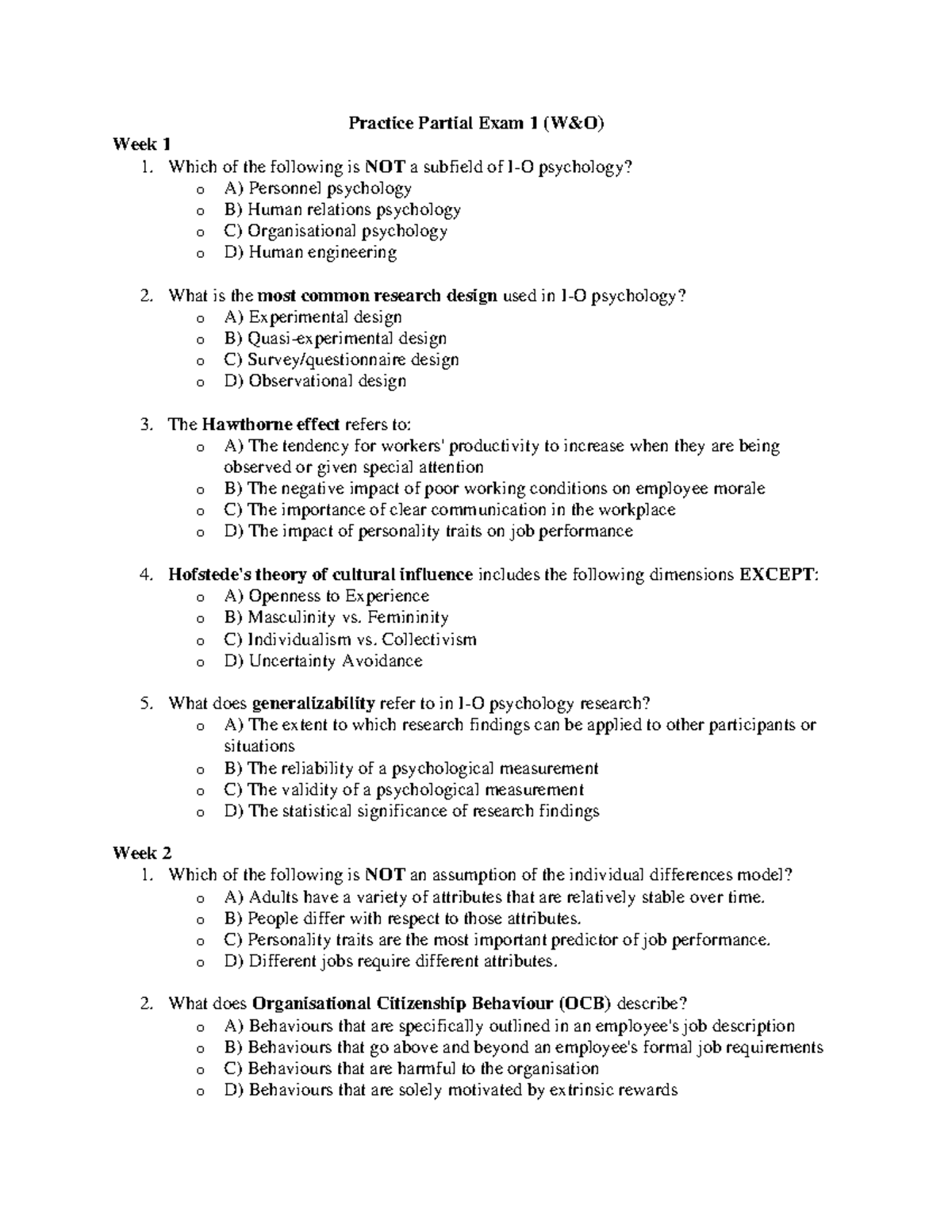 Practice Partial Exam 1: Work & Organizational Psychology (W&O ...