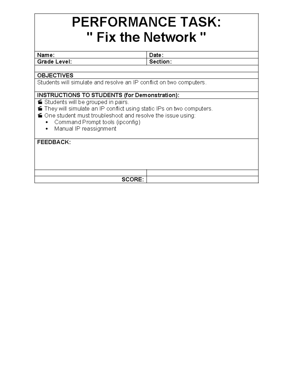 Performance TASK - Fix the Network - Computer Programming 1 ...