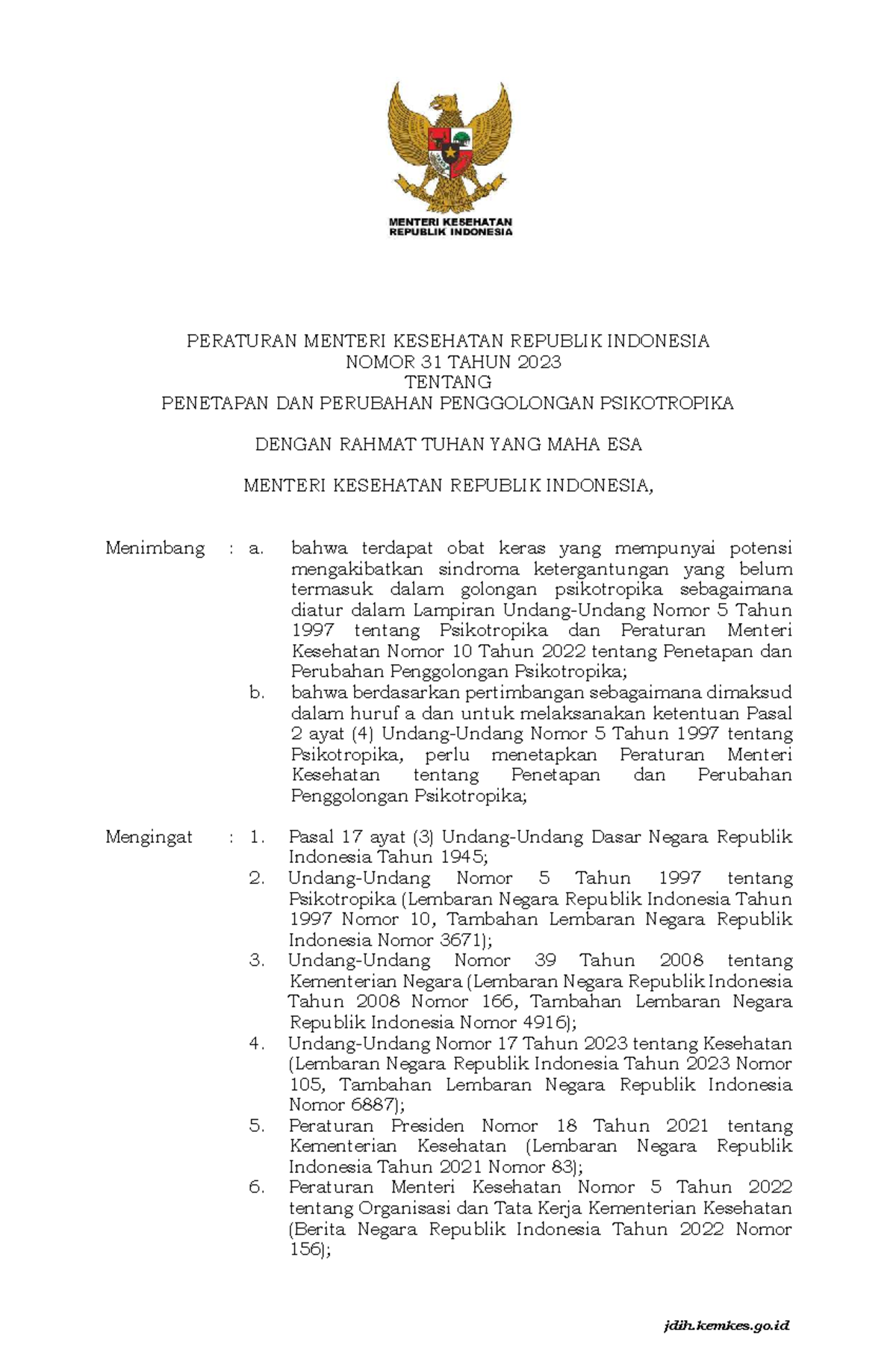 Permenkes 31/2023: Penetapan & Perubahan Penggolongan Psikotropika ...