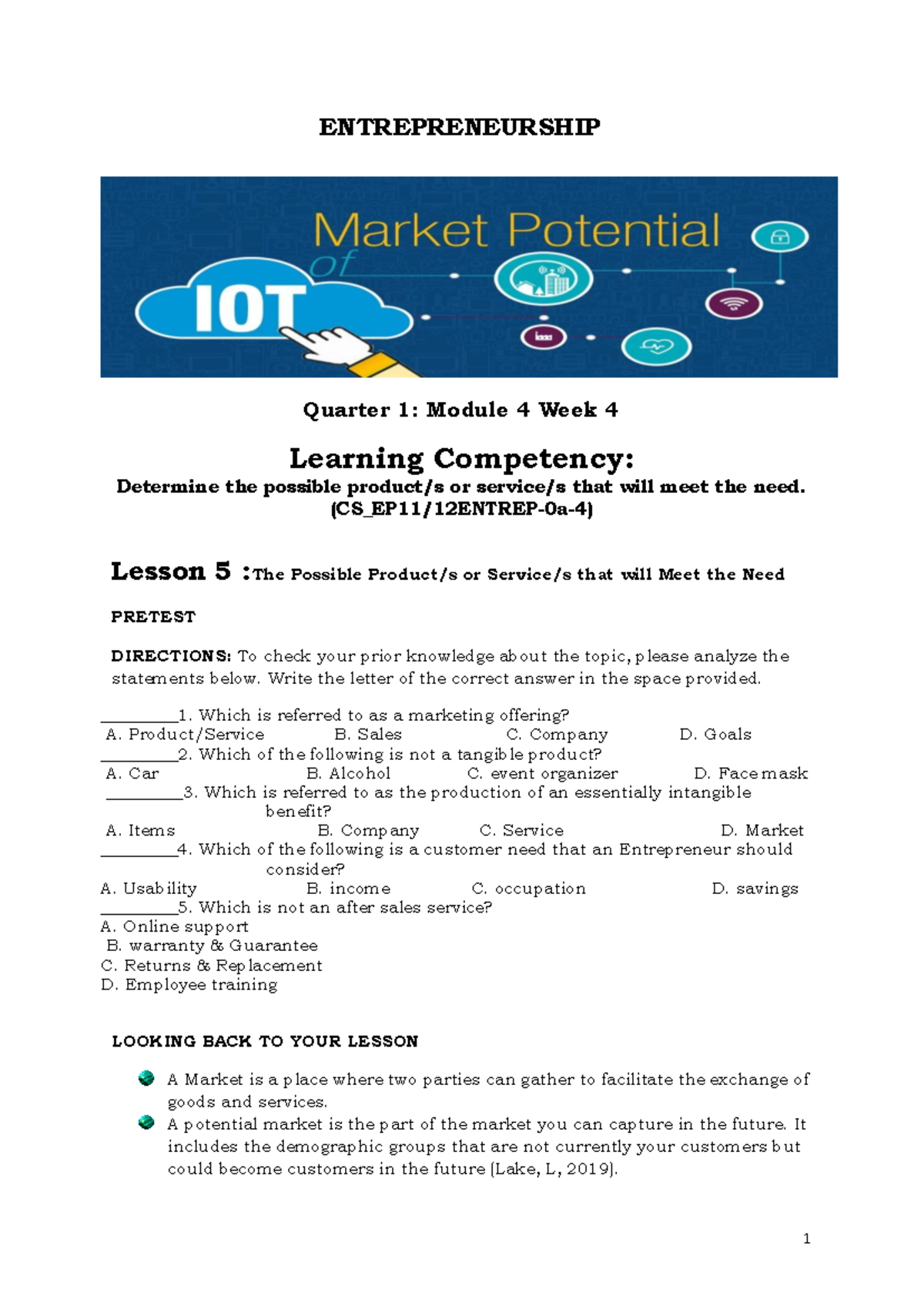 Entrep (CS_EP11/12ENTREP-0a-4) Module 4 Lesson 5: Identifying Customer ...