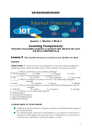 Entrep Module 3 Q1 WEEK 3 - ENTREPRENEURSHIP Quarter 1: Module 3 Week 3 Learning Competency ...