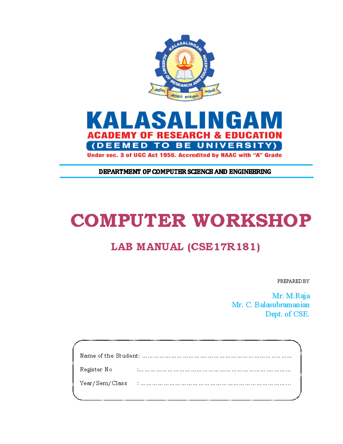 Computer Workshop Lab Manual (CSE17R181) for Practical Sessions - Studocu