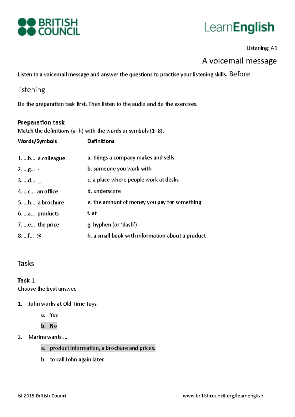 Listening Practice: A1 Voicemail Message Exercises and Answers - Studocu