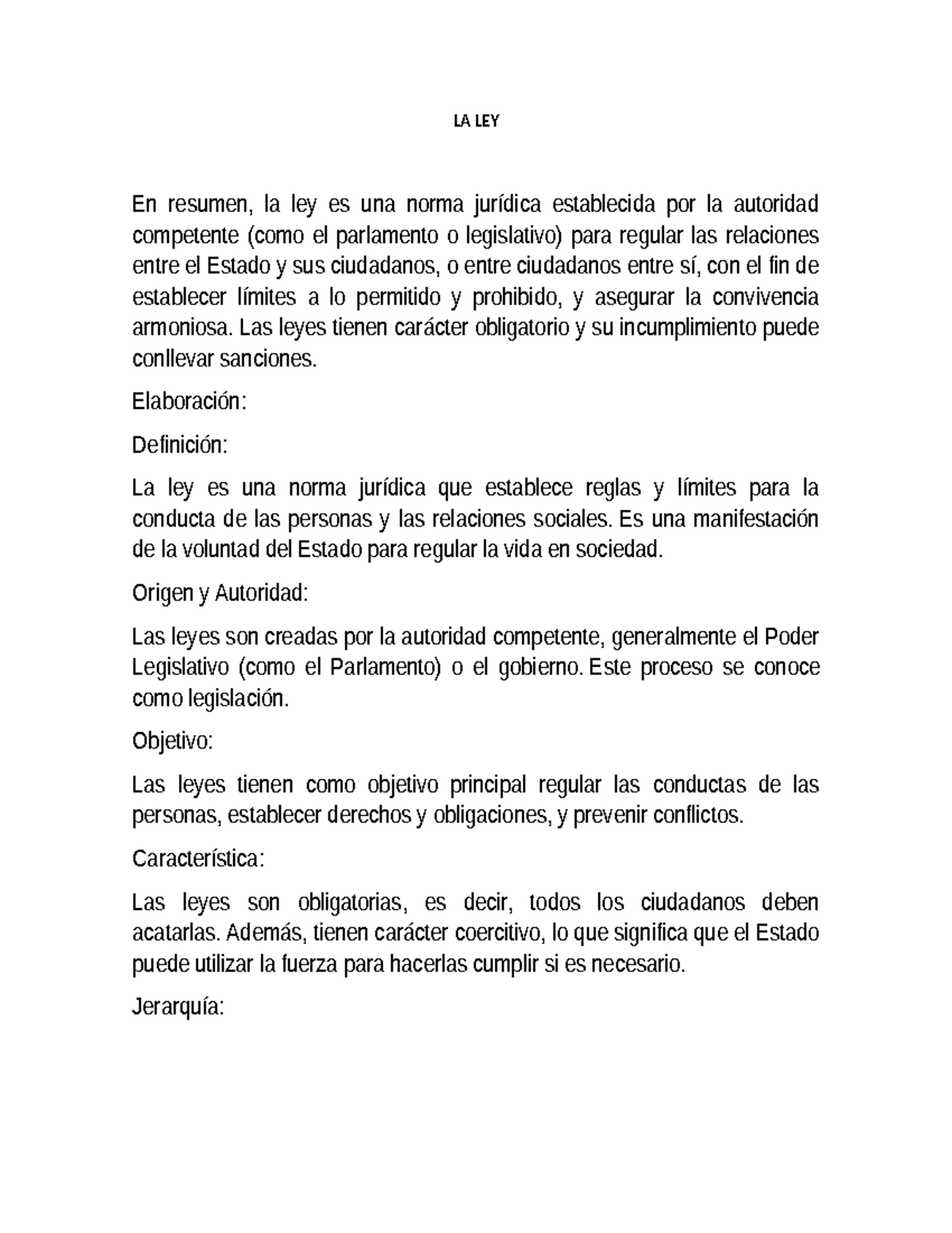 LA LEY: Definición, Origen, Características y Jerarquía Jurídica - Studocu