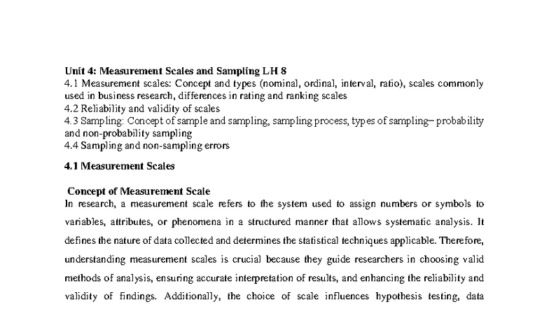 Unit 4: Measurement Scales & Sampling Techniques LH 8 - Studocu