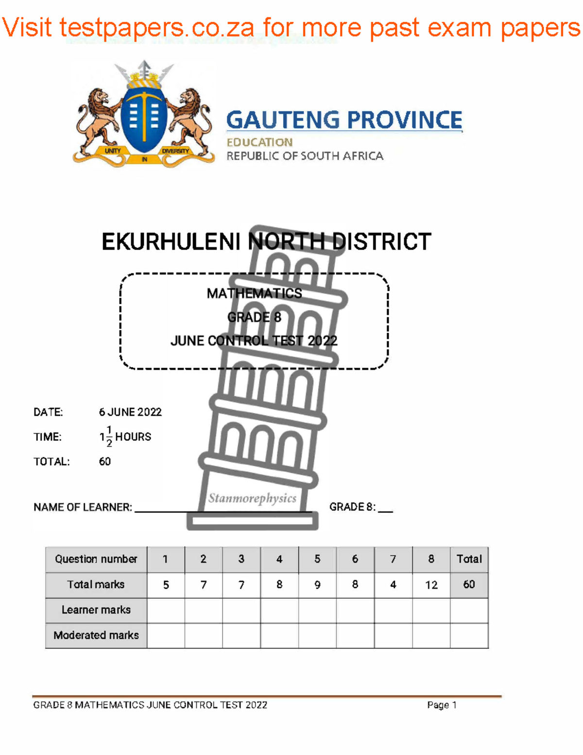 Grade 8 Mathematics June 2022 Exam Paper and Memo (QP) - Studocu