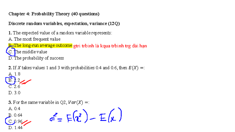 Chapter 4: Probability Theory & Discrete Random Variables (40Q) - Studocu