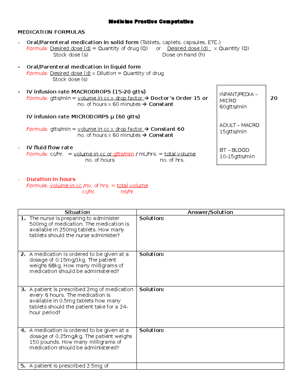 MED 101: Medicine Practice Computation Formulas and Solutions - Studocu