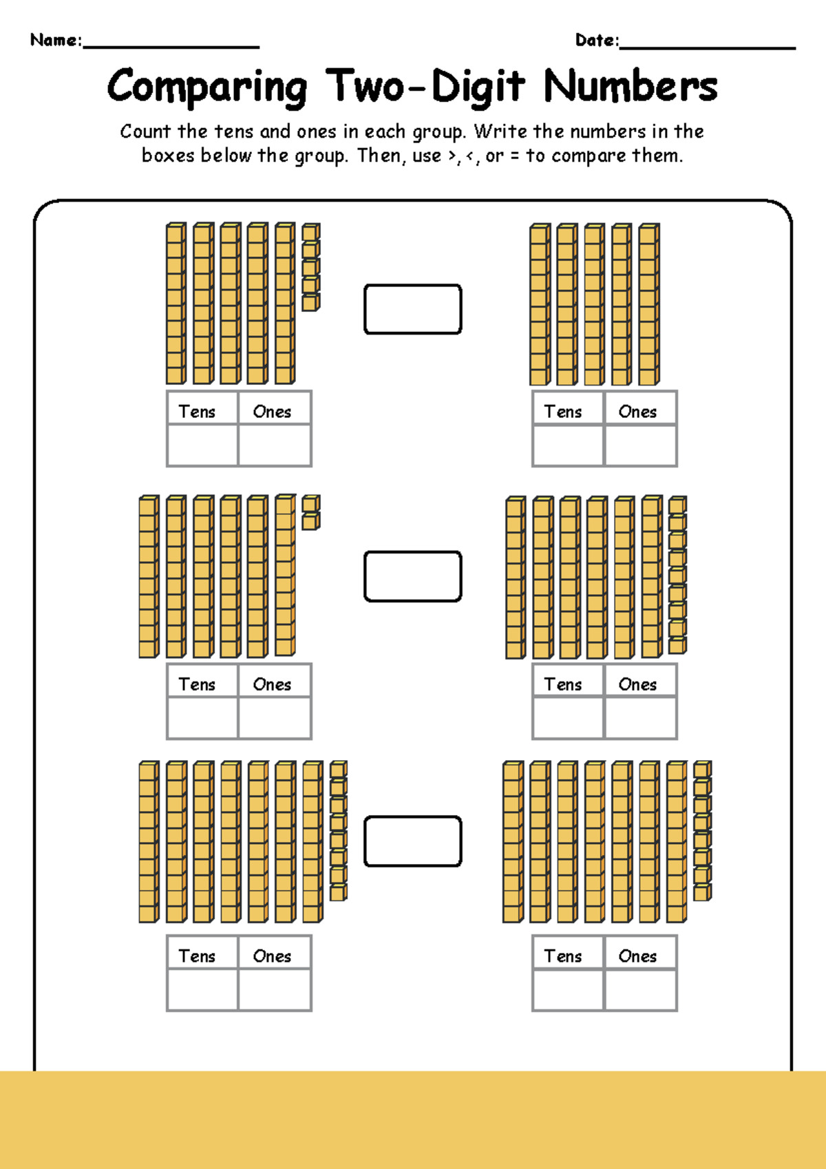 Comparing Two-Digit Numbers with Blocks - 1st Grade Worksheet - Name ...