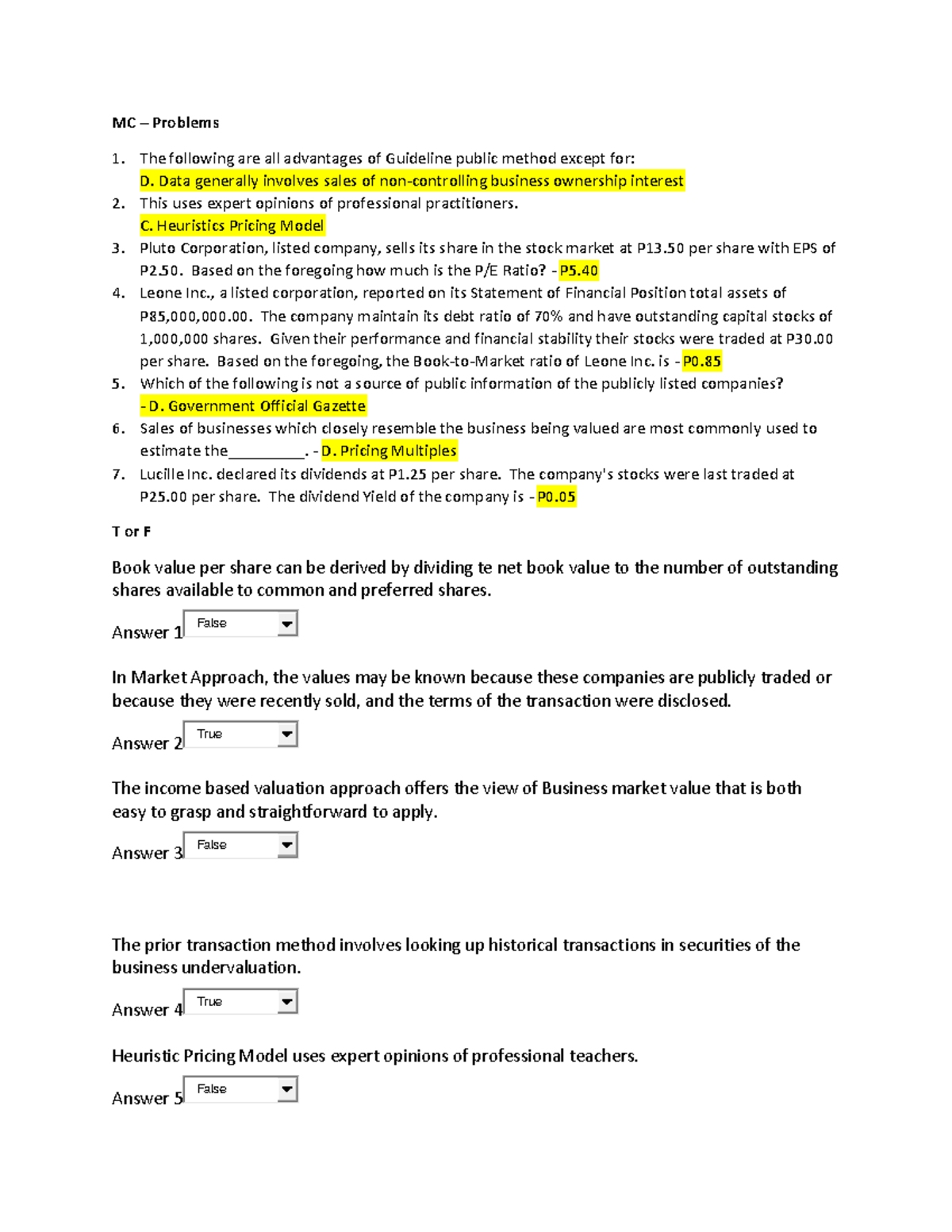 QUIZ on Market Value Approach: Key Concepts & MC Questions - Studocu