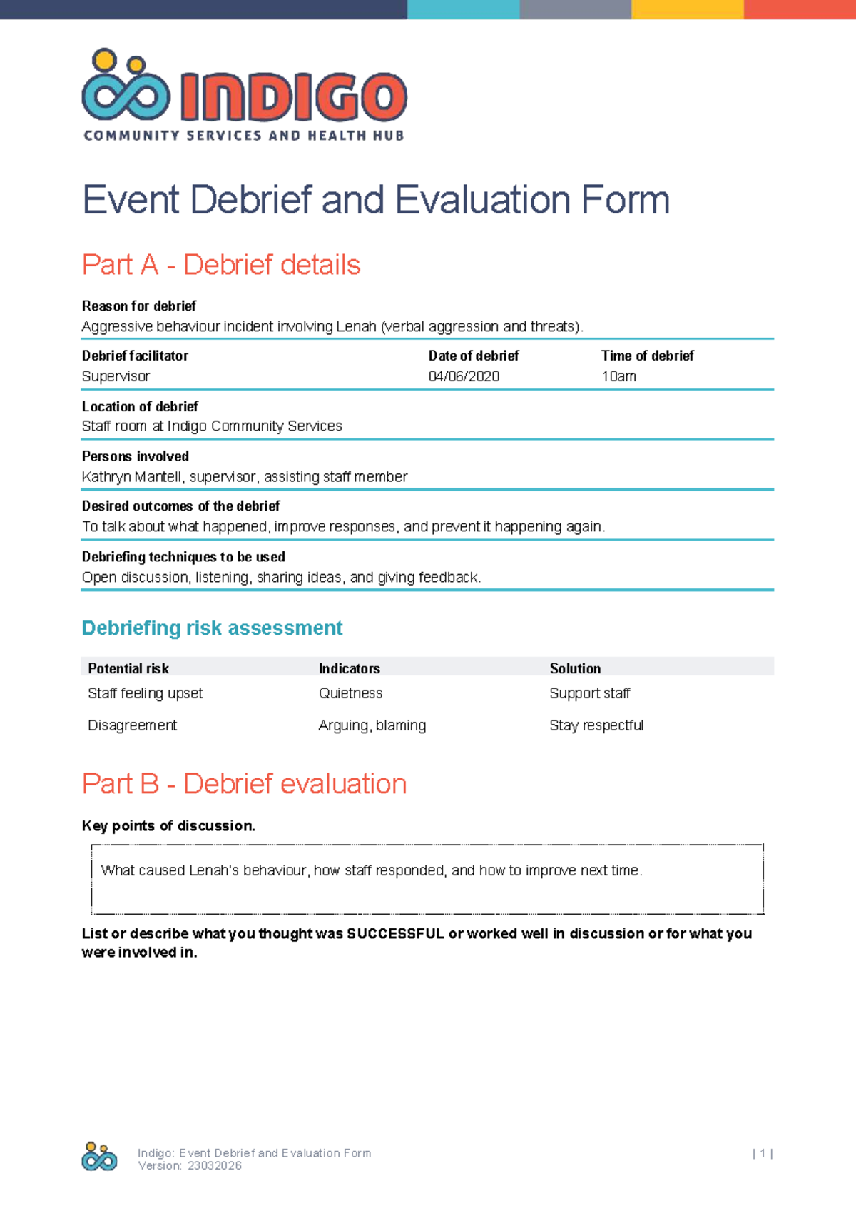 Indigo FRM: Event Debrief & Evaluation Form - Aggressive Behavior ...