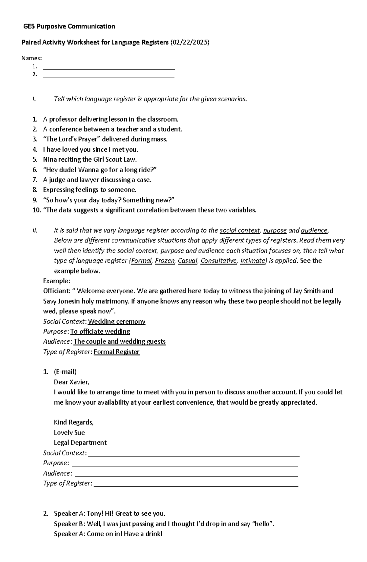 Activity Worksheet: Language Registers GE5 Purposive Comm. (02/22/2025 ...