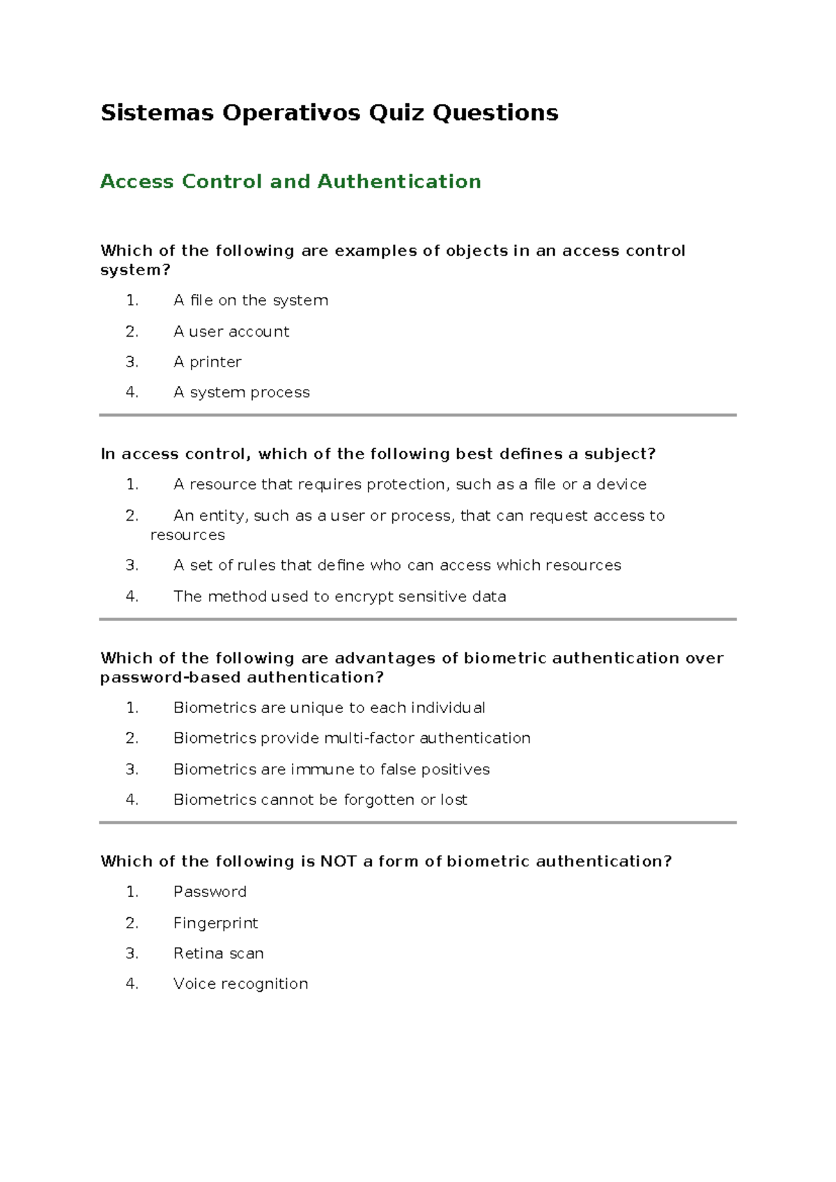 Sistemas Operativos Quiz: Access Control & Authentication - Studocu