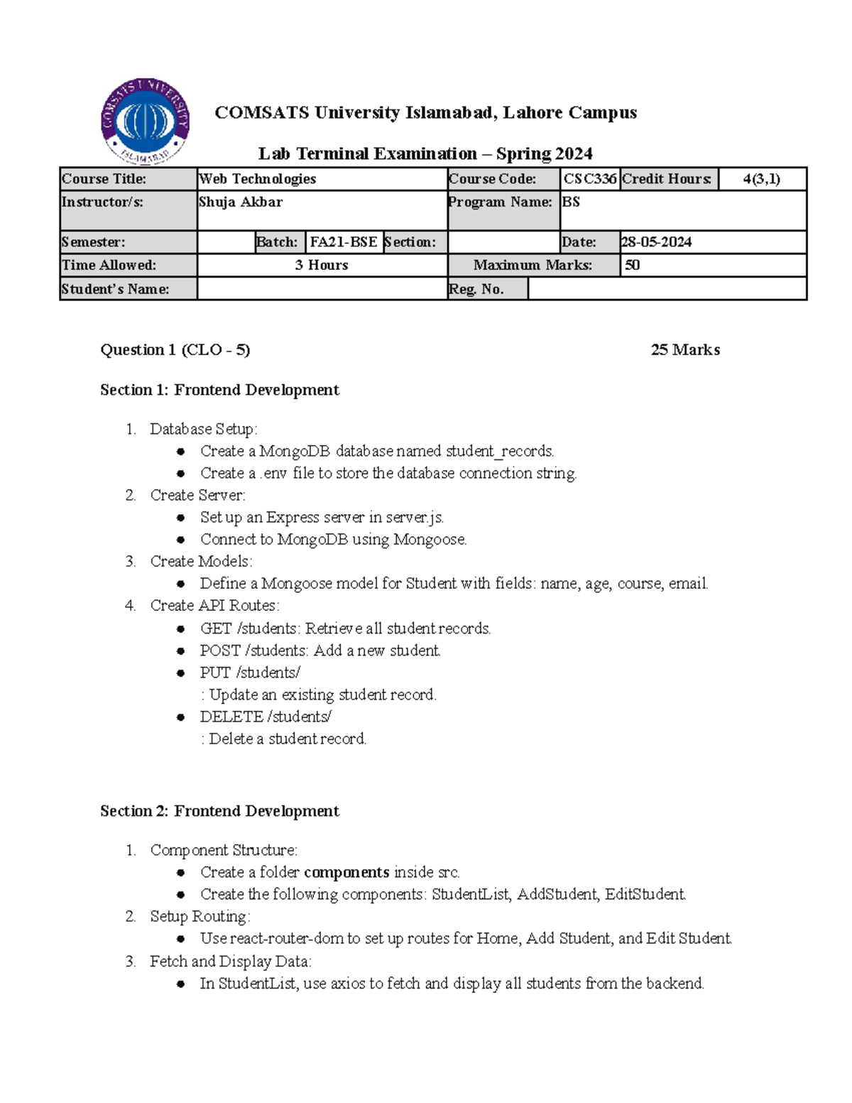 Final Exam - Lab Terminal Exam in Web Technologies (CSC336) Spring 2024 ...