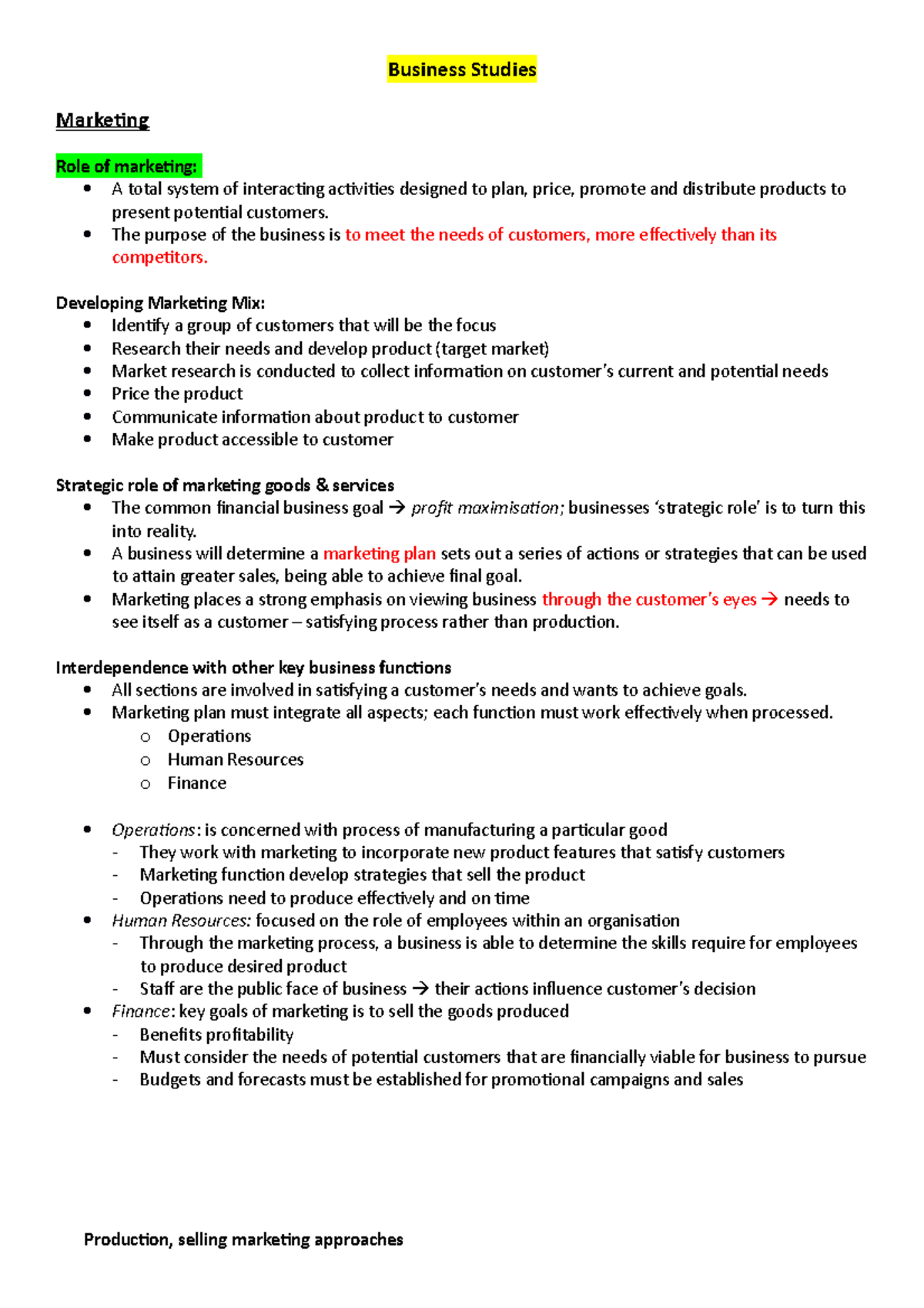 Marketing notes - Business Studies Marketing Role of marketing: A total ...