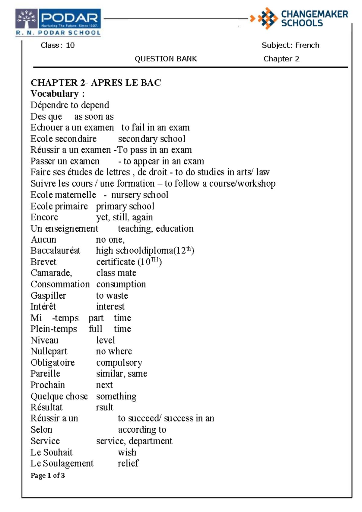 French Class 10: Chapter 2 Vocabulary Question Bank - Studocu