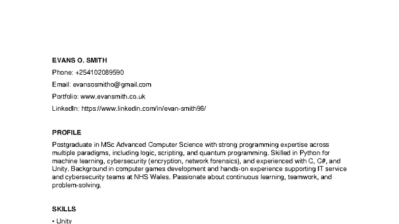 MSc Advanced Computer Science Resume - Evans Smith - Studocu